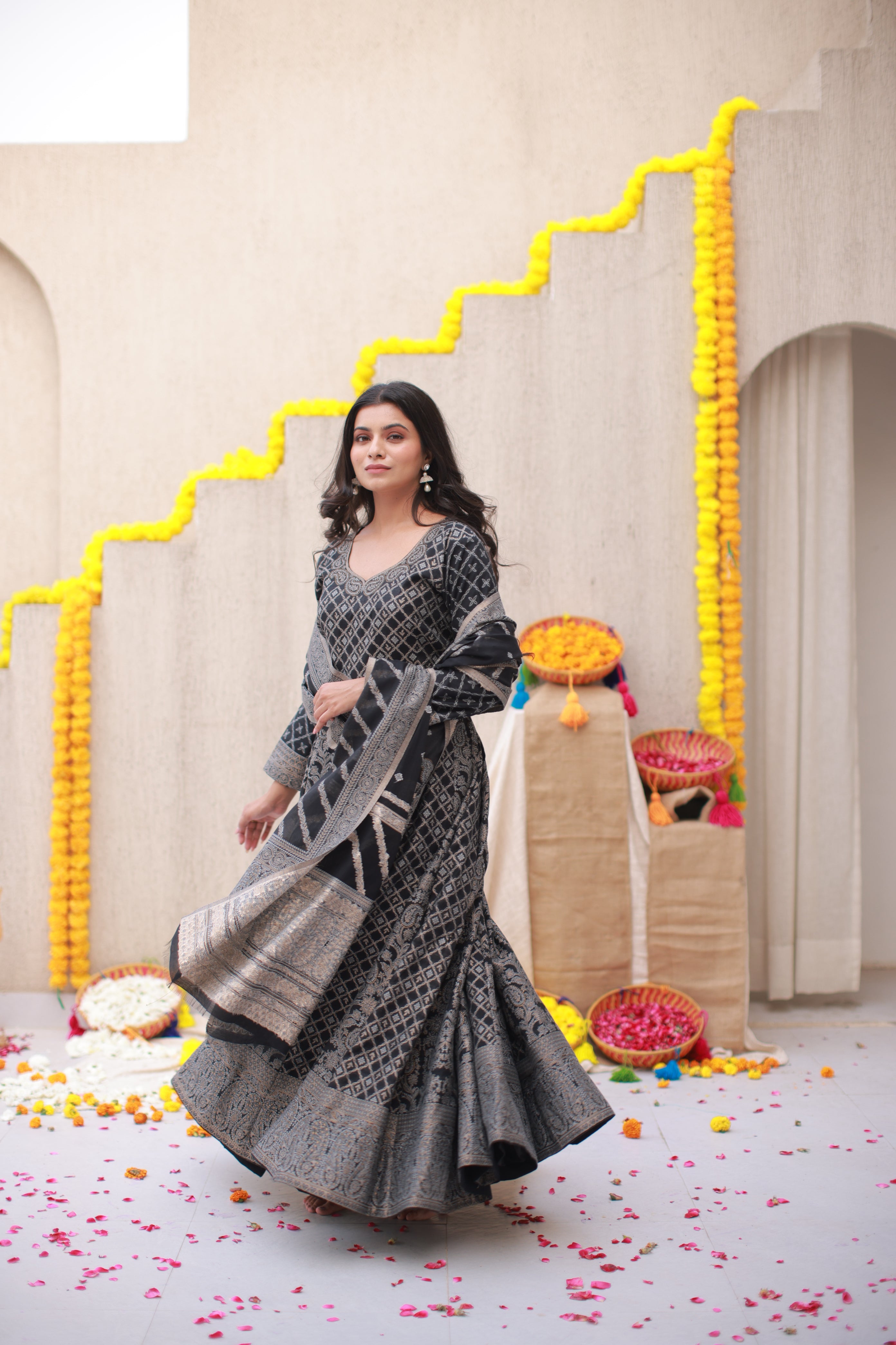 Kidar Black Silk Sequin Embellished Anarkali Set– Kidar Textile Mills
