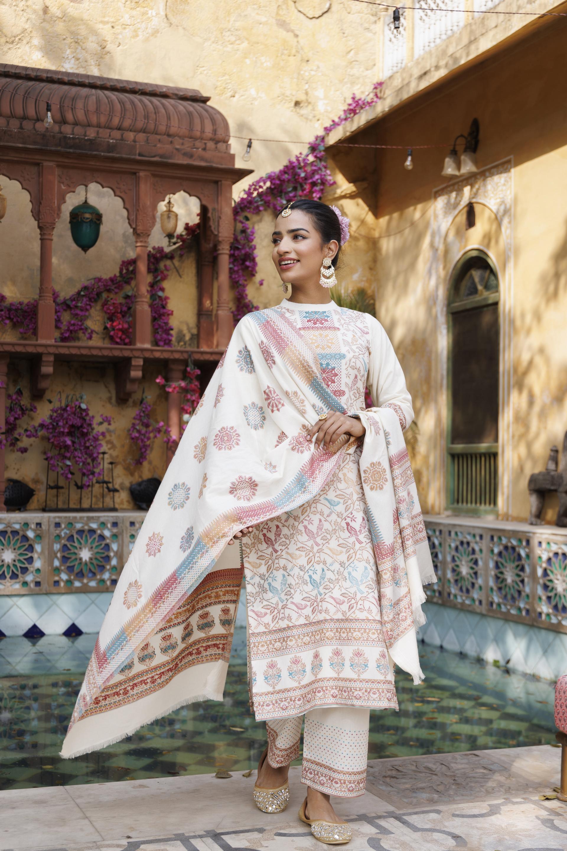 Kidar White Organic Cotton Pant Suit with Weave design Dupatta